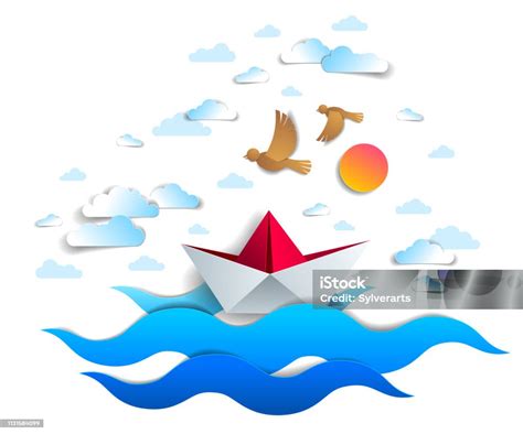 바다 파도 하늘 벡터 일러스트 레이 션에 새와 구름과 아름 다운 경치와 바다에 떠 있는 종이 접기 접이식 장난감 보트 수영 3차원 형태에 대한 스톡 벡터 아트 및 기타