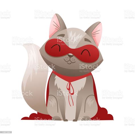 회색 고양이 슈퍼 히어로 캐릭터는 빨간 망토와 마스크 앉아 벡터 일러스트 레이 션을 입고 고양이 새끼에 대한 스톡 벡터 아트 및 기타 이미지 고양이 새끼 고양잇과