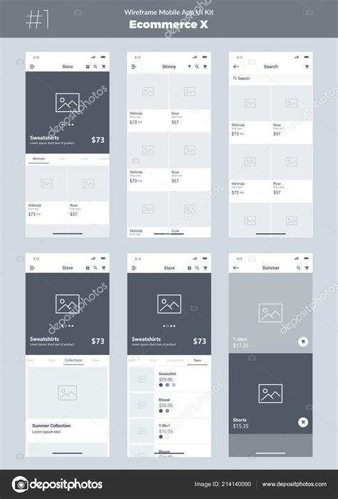 Wireframe Kit Mobile Phone Mobile App Design New Ecommerce Screens Stock Vector Image By