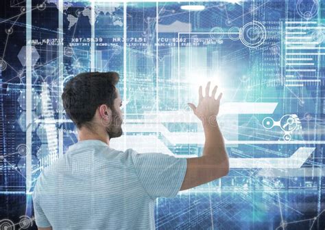 Futuristic Interface Behind A Man Doing Things In It Stock Illustration