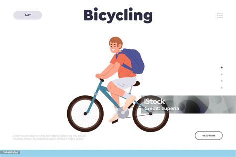 행복한 만화 십대 소년 아이 자전거 타는 사람 캐릭터가 있는 자전거 랜딩 페이지 디자인 템플릿 벡터에 대한 스톡 벡터 아트 및 기타 이미지 Istock