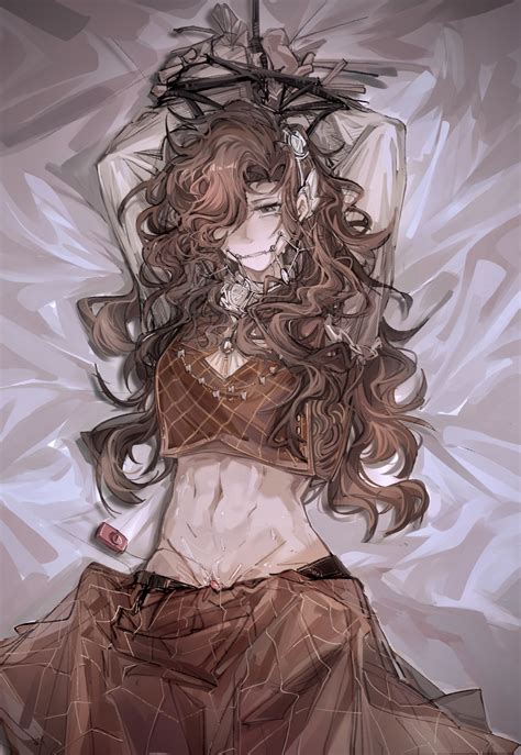 Rule 34 Absurdres Arms Up Bed Sheet Bondage Bound Bound Wrists Braces Brown Hair Dress Female