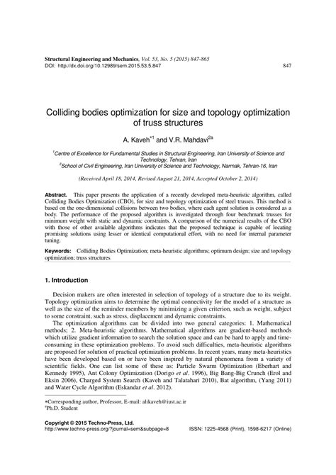 Pdf Colliding Bodies Optimization For Size And Topology Optimization