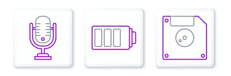 컴퓨터 데이터 저장을 위한 플로피 디스크 라인 마이크 및 배터리 충전량 표시기 아이콘을 설정합니다 벡터 계기판 측정기에 대한 스톡 벡터 아트 및 기타 이미지 Istock