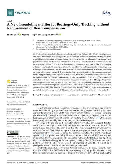 Pdf A New Pseudolinear Filter For Bearings Only Tracking Without Requirement Of Bias Compensation