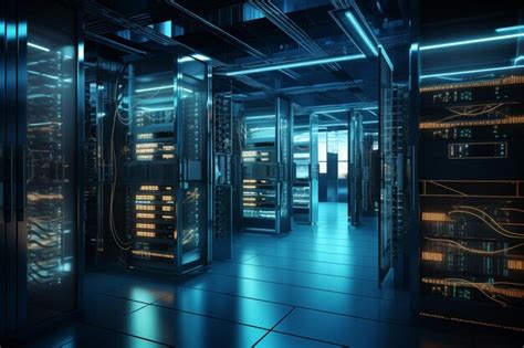 Premium Ai Image Server Data Room With Futuristic Glowing Telecommunication Equipment Data