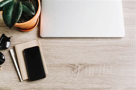 노트북 휴대 전화 노트북 안경와 텍스트 위한 공간을 가진 식물 프리랜서 사무실 책상 세련 된 현대 플랫 하다입니다 프리랜서 개념입니다 가정 이나 사무실 책상 상단 보기 작업