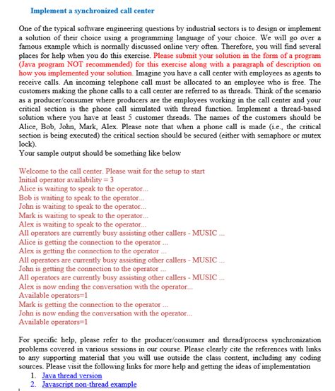 Solved Implement A Synchronized Call Center One Of The