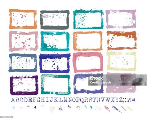그래픽 디자인 필수 요소 실제 스캔 텍스처 브러시 스트로크 페인트 방울 및 스텐실 알파벳 세트로 페인팅 된 페이지 테두리