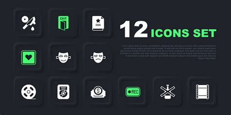 알코올 없음 비디오 재생 코미디 연극 마스크 녹화 버튼 하트처럼 프레임의 Cd 디스크 상 화재 출구 및 시네마 티켓 아이콘을 설정합니다 벡터 Theatrical