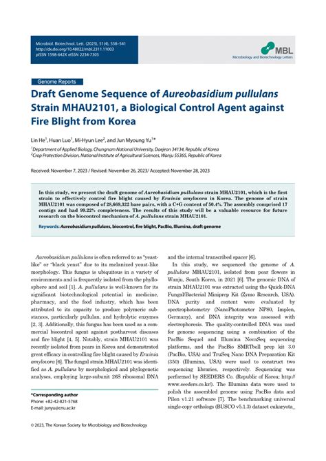 Pdf Draft Genome Sequence Of Aureobasidium Pullulans Strain Mhau2101