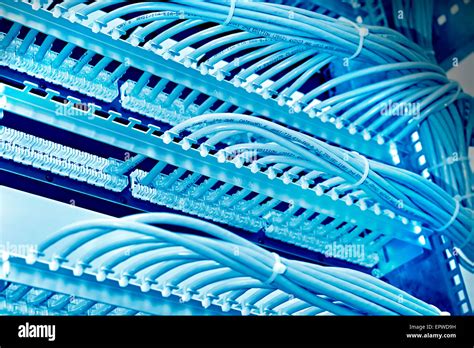 Kind Of Wiring Closet Patch Panels With 6 Th Category In The Background Blue Tone Stock Photo