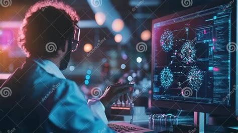 Scientist Analyzing Complex Data Visualizations On A Computer Screen In A Modern Lab During The