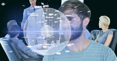 Scope Scanning Over Group Of Diverse Businesspeople Discussing Together Against Black Background