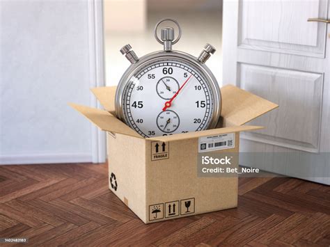 익스프레스 배송 컨셉 오픈 도어 앞 바닥에 스톱워치와 골판지 상자 3차원 형태에 대한 스톡 사진 및 기타 이미지 3차원 형태 계시기 긴급 개념 Istock