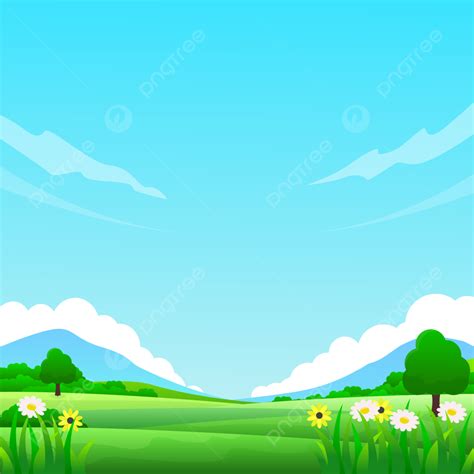 푸른 하늘 꽃과 여름 테마 배경에 적합한 녹색 초원 자연 풍경 벡터 일러스트 레이 션 배경 여름 하늘 배경 일러스트 및 사진 무료 다운로드 Pngtree