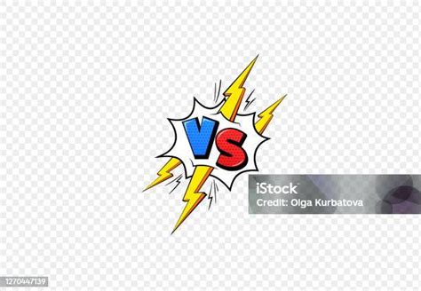 대 만화 프레임 전투 게임 결투 또는 싸움 경쟁 만화 스타일에 대한 파란색과 빨간색 엠블럼과 노란색 번개 문자 대 투명 배경에 평면 벡터 일러스트 만화에 대한 스톡 벡터