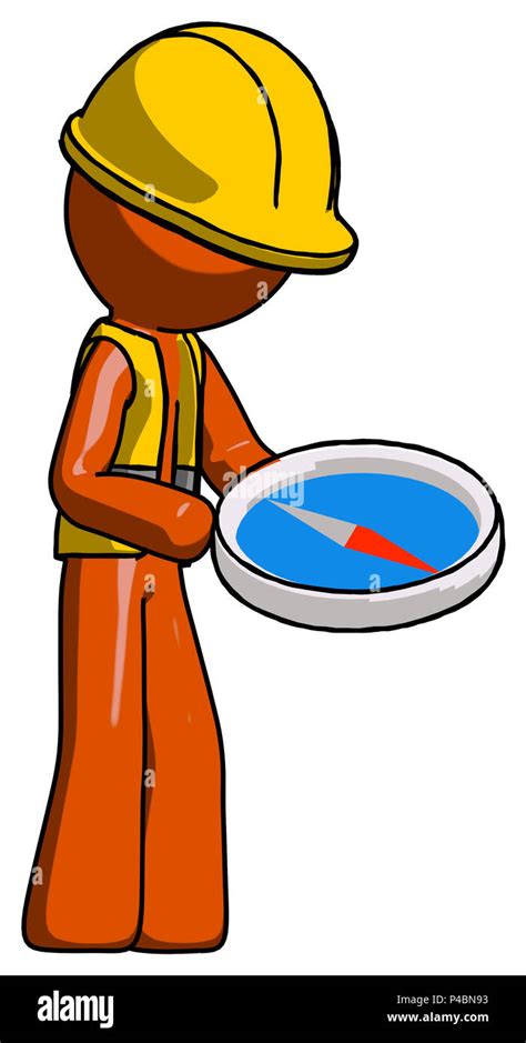 Orange Construction Worker Contractor Man Looking At Large Compass