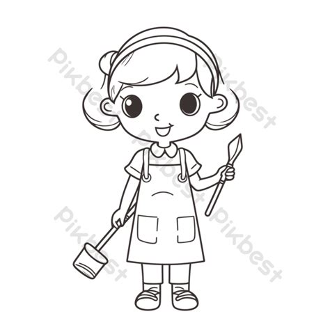 페인트 브러시 A를 들고 앞치마를 입은 어린 소녀와 색칠 페이지 개요 스케치 드로잉 벡터 일러스트 Png Png 무료 다운로드 Pikbest