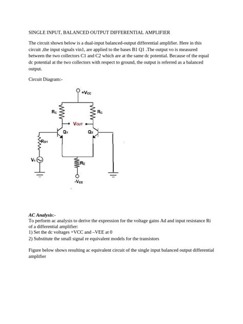 single input balanced output differential amplifier ac analysis pdf