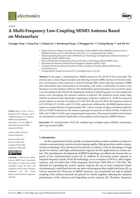 Pdf A Multi Frequency Low Coupling Mimo Antenna Based On Metasurface