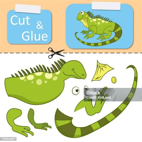종이 이구아나를 자르고 붙입니다 응용 프로그램을 만화 재미 도마뱀을 만듭니다 아이들을위한 교육 수수께끼 엔터테인먼트와 오락 아이 로직 게임 활동 퍼즐 유치원 워크시트 활동