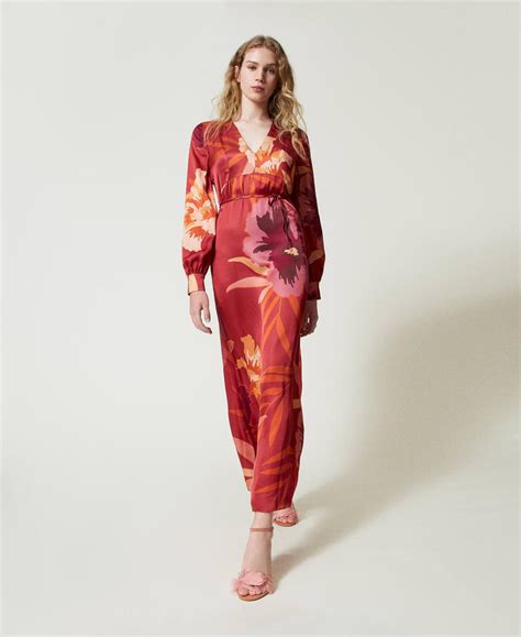 Long Floral Satin Dress Woman Red Twinset Milano