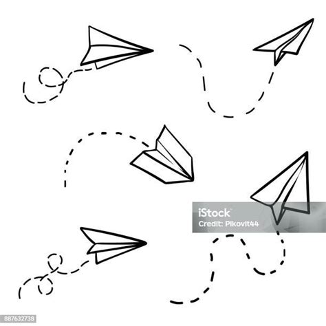 벡터 종이 비행기 여행 노선 기호입니다 벡터 일러스트 레이 션의 손으로 그려진된 종이 비행기의 집합입니다 격리 개요입니다 손으로