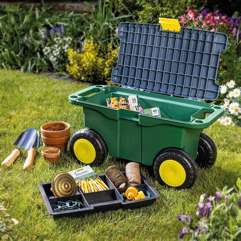 Garden Tool Trolley And Seat Plastic Storage Cart Box With 4 Wheels 2