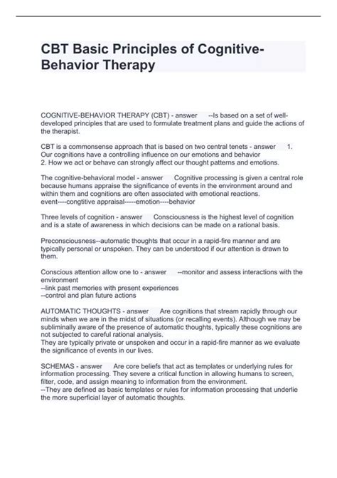 Cbt Basic Principles Of Cognitive Behavior Therapy Questions And Answers 100 Correct 2024