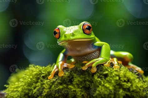 Ai Generated Green Tree Frog Sitting On Moss In The Rainforest