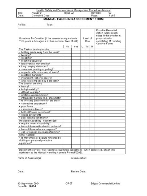 F009a Manual Handling Assessment Form Pdf