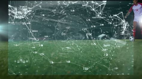Network Of Connections And Data Processing Animation Over Soccer Field Scene Stock Footage