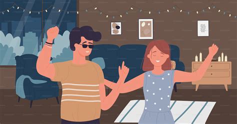 사람들은 집에서 파티 벡터 일러스트레이션에서 춤을 춥니다 음악에 맞춰 춤을 추는 만화 젊은 행복한 여자 남자 캐릭터 학생 친구들은 축제 장식된 방 아파트 실내 배경에서