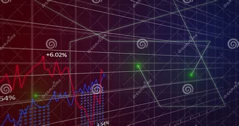 Image Of Grid Pattern Over Moving Lines And Multiple Graphs With Numbers On Black Background