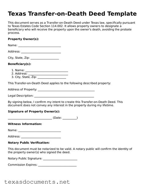 Prepare Your Texas Transfer On Death Deed With Our Printable Form