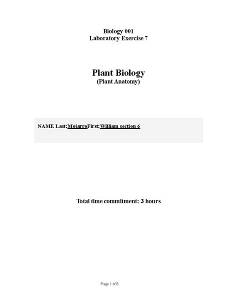 LAB Plant LAB NOTES Biology Laboratory Exercise Plant Biology Plant Anatomy Total