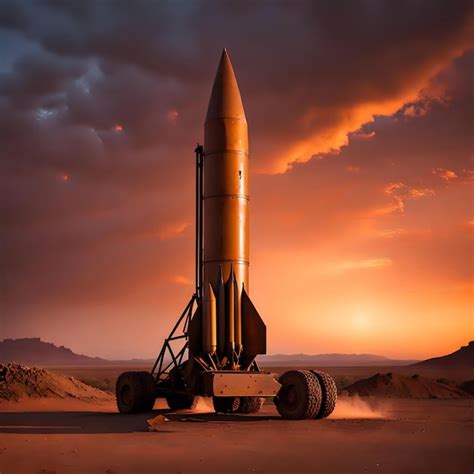 Four Missiles On Rocket Launcher Against Colorful Sunset Premium Ai Generated Image
