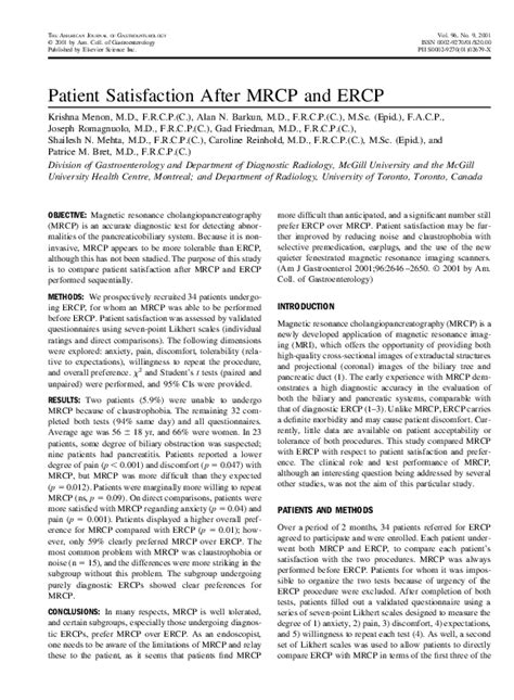 Pdf Patient Satisfaction After Mrcp And Ercp Gad Friedman