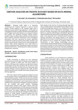 Certain Analysis On Traffic Dataset Based On Data Mining Algorithms PDF