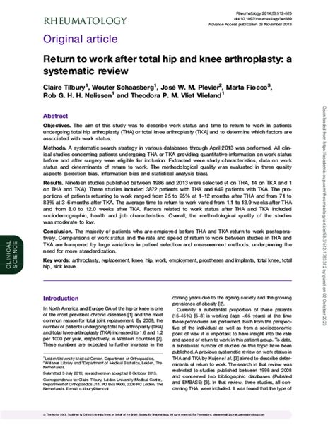 Pdf Return To Work After Total Hip And Knee Arthroplasty A Systematic Review