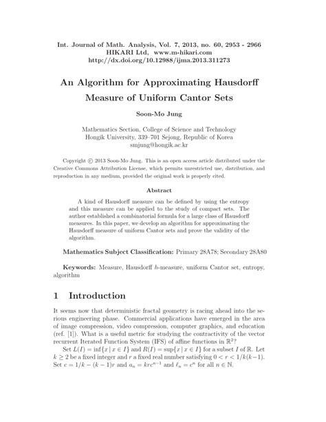 Pdf An Algorithm For Approximating Hausdorff Measure Of Uniform Cantor Sets