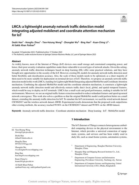 Lmca A Lightweight Anomaly Network Traffic Detection Model Integrating Adjusted Mobilenet And