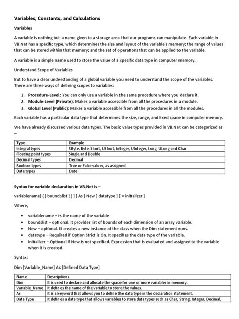 Variables Constant And Calculation Pdf Data Type Variable