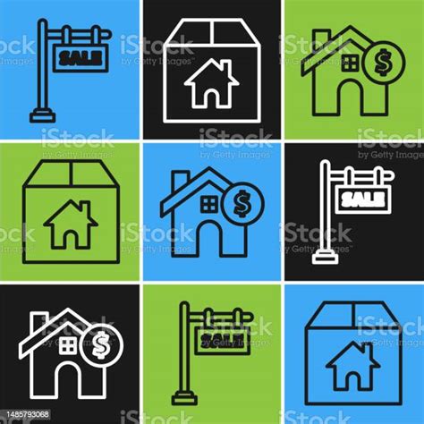 텍스트 판매 달러 기호가 있는 집 집 아이콘이 있는 골판지 상자가 있는 줄 걸이 기호를 설정합니다 벡터 0명에 대한 스톡 벡터 아트 및 기타 이미지 Istock