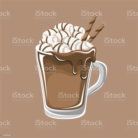 마시멜로 녹은 초코 시럽 및 빨대를 든 핫 초콜릿 음료를 키 큰 유리 머그잔 만화 벡터 일러스트레이션에 담았습니다 크리스마스 카페 또는 디저트 가게 메뉴 디자인 스티커