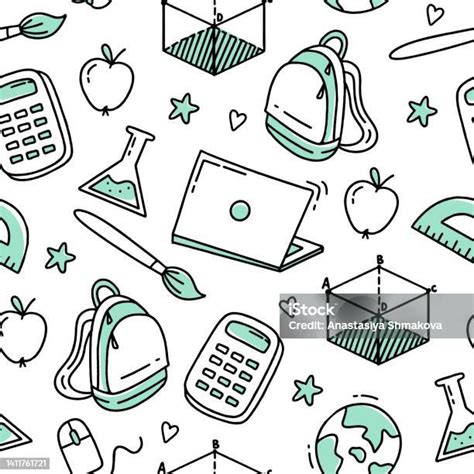 패턴은 요소의 학교 낙서입니다 학교로 돌아 가기 선 스타일의 벡터 일러스트레이션입니다 가방에 대한 스톡 벡터 아트 및 기타
