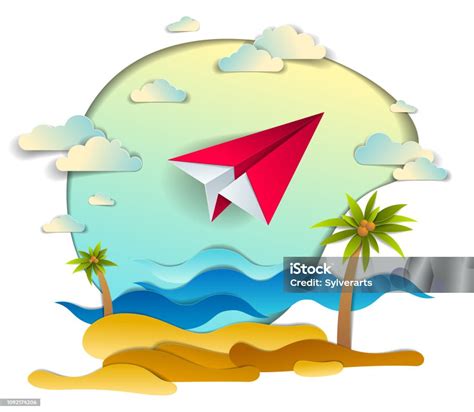 종이 비행기 플 라 잉 아름 다운 비치와 야자수 하늘 구름과 아름 다운 경치 좋은 바다와 바다 종이 접기 접는 장난감 비행기 바다 파도에 흐린 하늘에 벡터 3차원 형태에