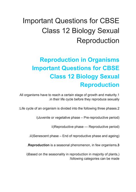 SOLUTION Important Questions For Cbse Class 12 Biology Sexual