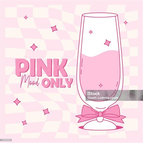 빈티지 핑크 코케트 글라스 음료와 리본 그루비한 트위스트 체크 무늬 배경에 미적 칵테일 로맨틱한 여성스러운 분위기 벡터 일러스트 레이 션 트렌디 핑크 무드 스퀘어 포스터